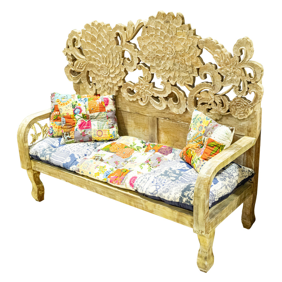 Carved Wooden Bench With Quilted Cushions - Around The Block