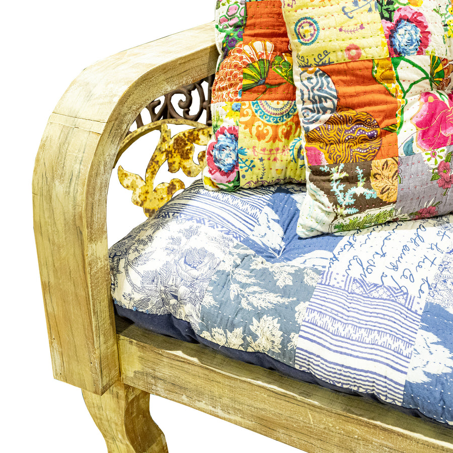 Carved Wooden Bench With Quilted Cushions - Around The Block